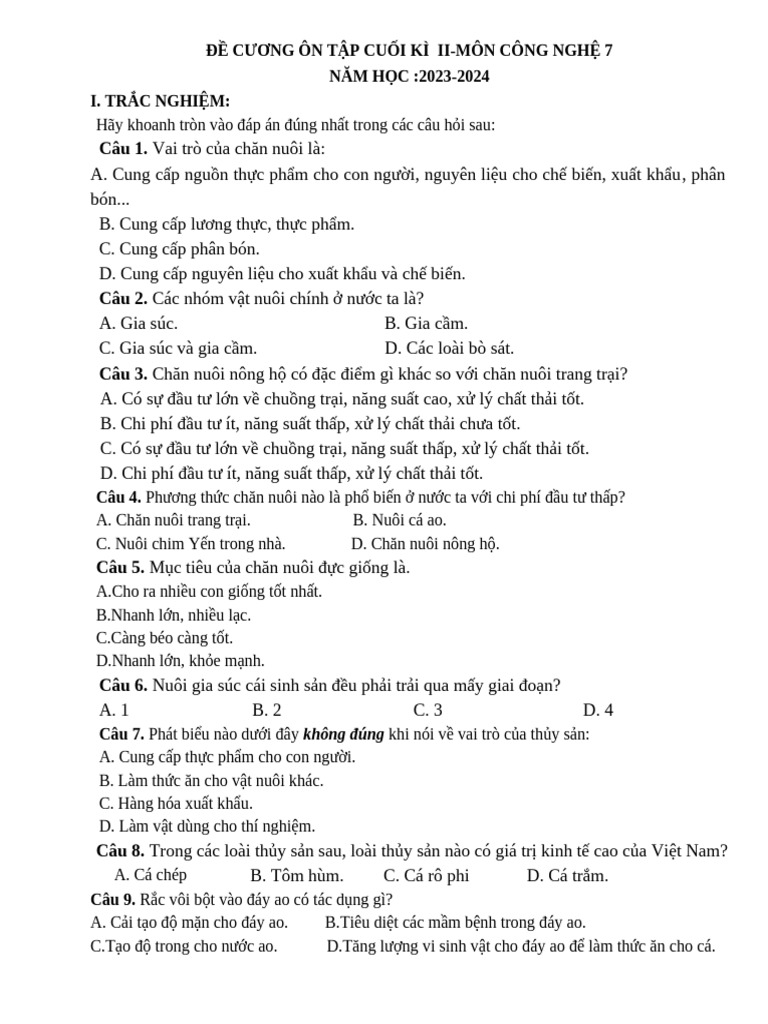 HUAN - ĐỀ CƯƠNG ÔN TẬP KTCK II - CN7-23-24 | PDF