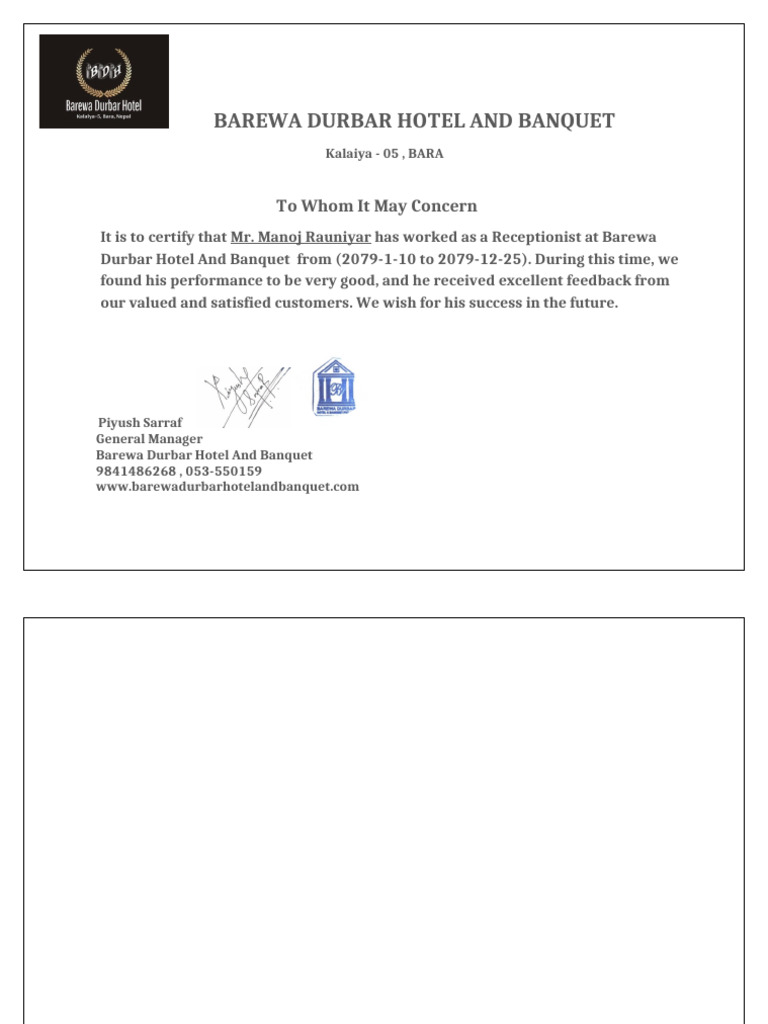 Receptionist Experience Certificate | PDF