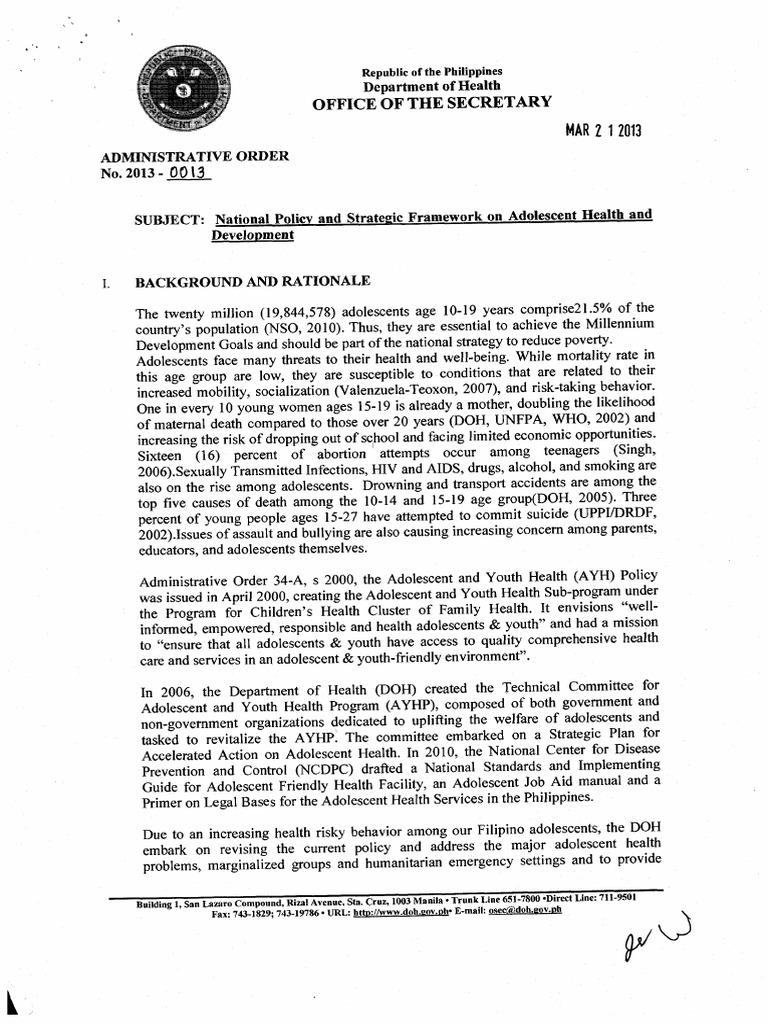 3 DOH AO 2013 0013 National Policy Framework For AHD | PDF | Millennium ...