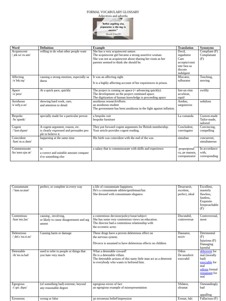 FORMAL VOCABULARY GLOSSARY - Adjectives | PDF