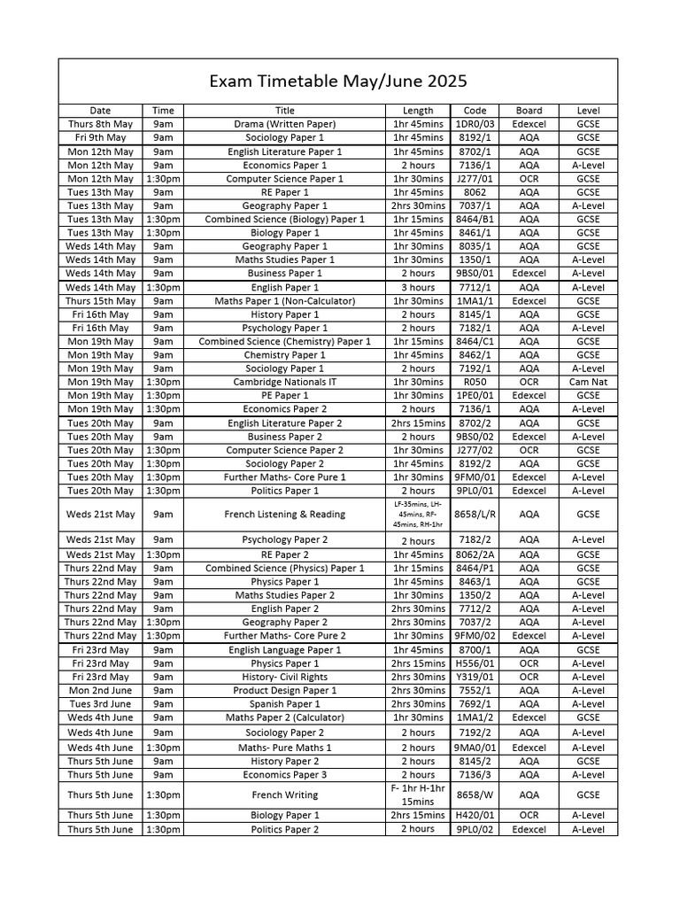 Public Exam Timetable May-June 2025 | PDF | Gce Advanced Level (United ...