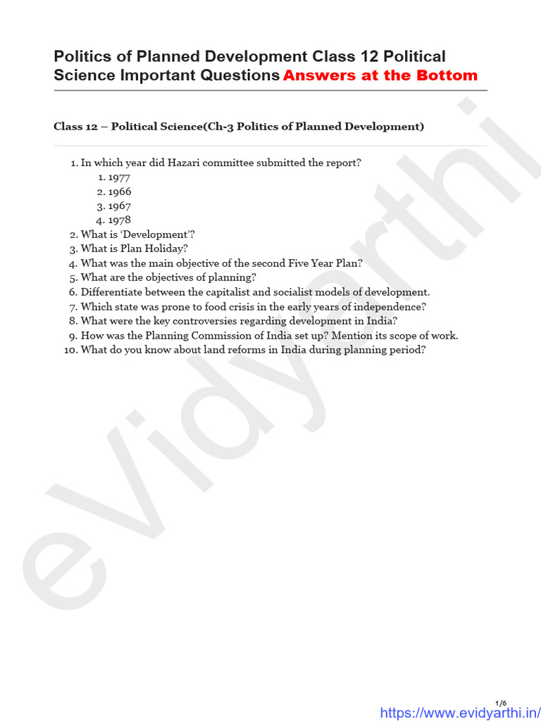 Class 12 Politics of Planned Development | PDF | Socialism | Poverty