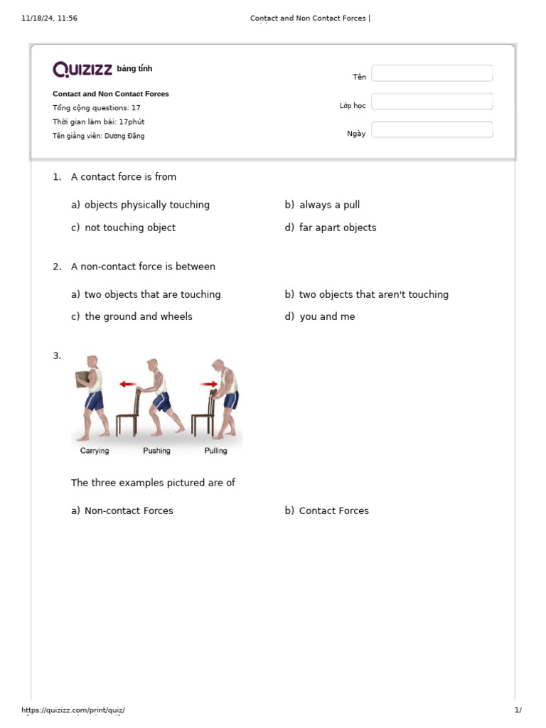 Contact vs Non-Contact Forces Quiz | PDF | Force | Temporal Rates