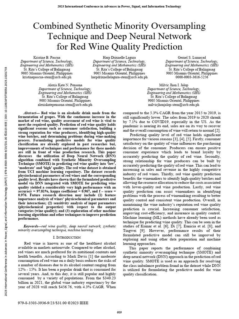 Combined Synthetic Minority Oversampling Technique and Deep Neural Network For Red Wine Quality ...
