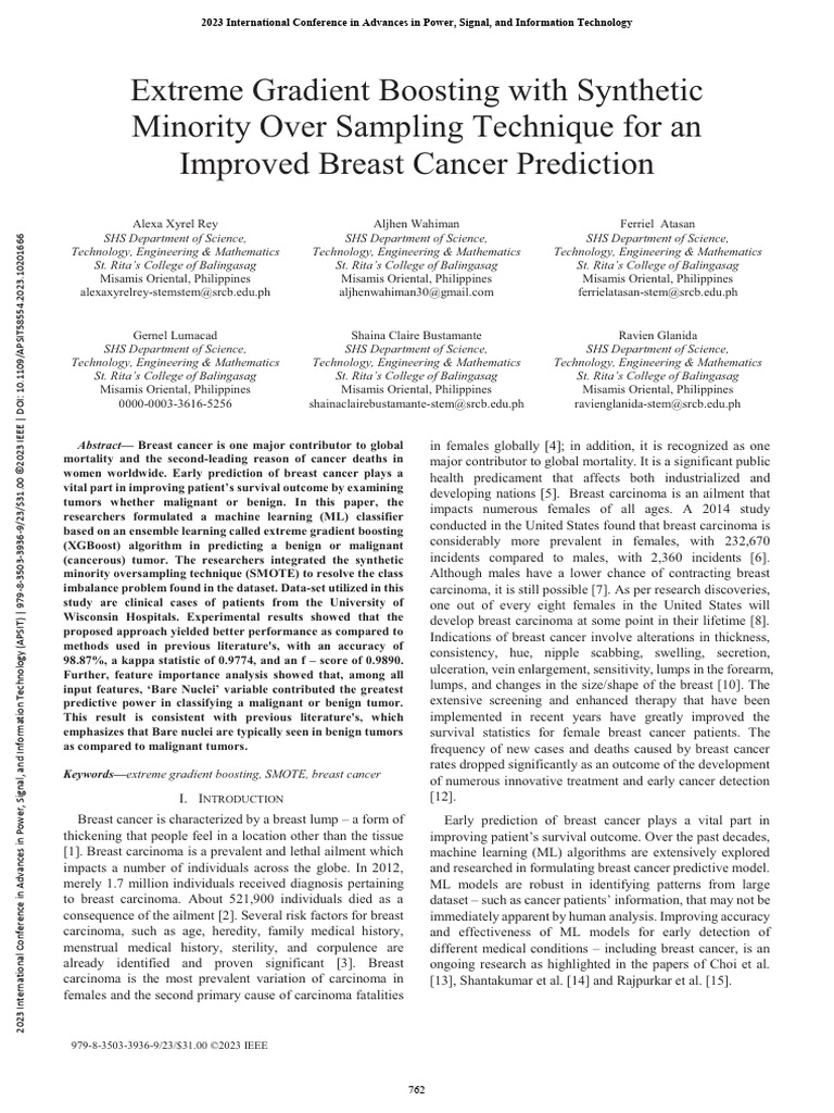 Extreme Gradient Boosting With Synthetic Minority Over Sampling Technique For An Improved Breast