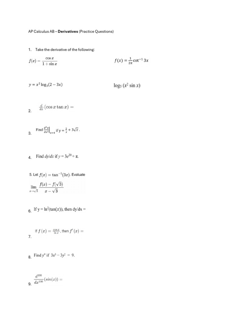 AP Calc Derivatives Practice | PDF | Teaching Methods & Materials