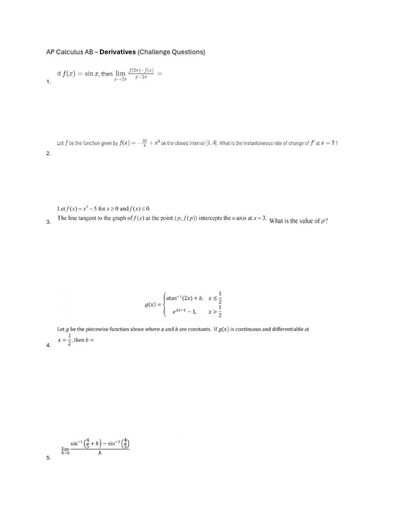 AP Calc Derivatives Exam Practice | PDF