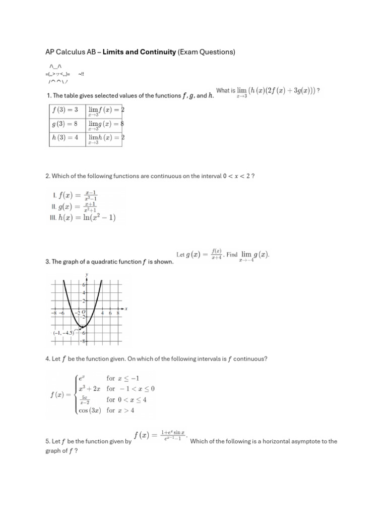 AP Calculus AB: Limits & Continuity Questions | PDF