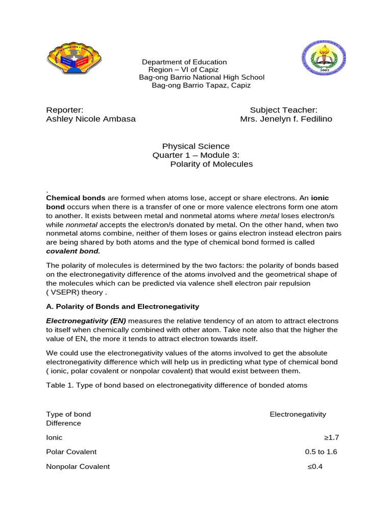 PHYSICAL SCIENCE 12 Ambasa | PDF | Chemical Polarity | Chemical Bond