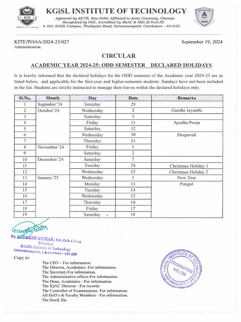 Circular # 027-Ay 2024-25 - Declared Holidays List Odd Semester - Intimation | PDF | Educational ...