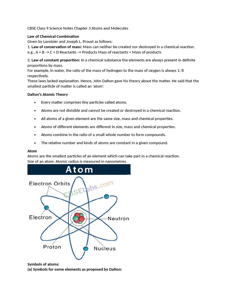 CBSE Class 9 Science: Atoms & Molecules Notes | PDF | Ion | Mole (Unit)