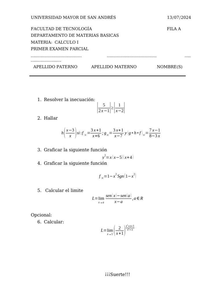 Primer Parcial Mat101 Invierno | PDF