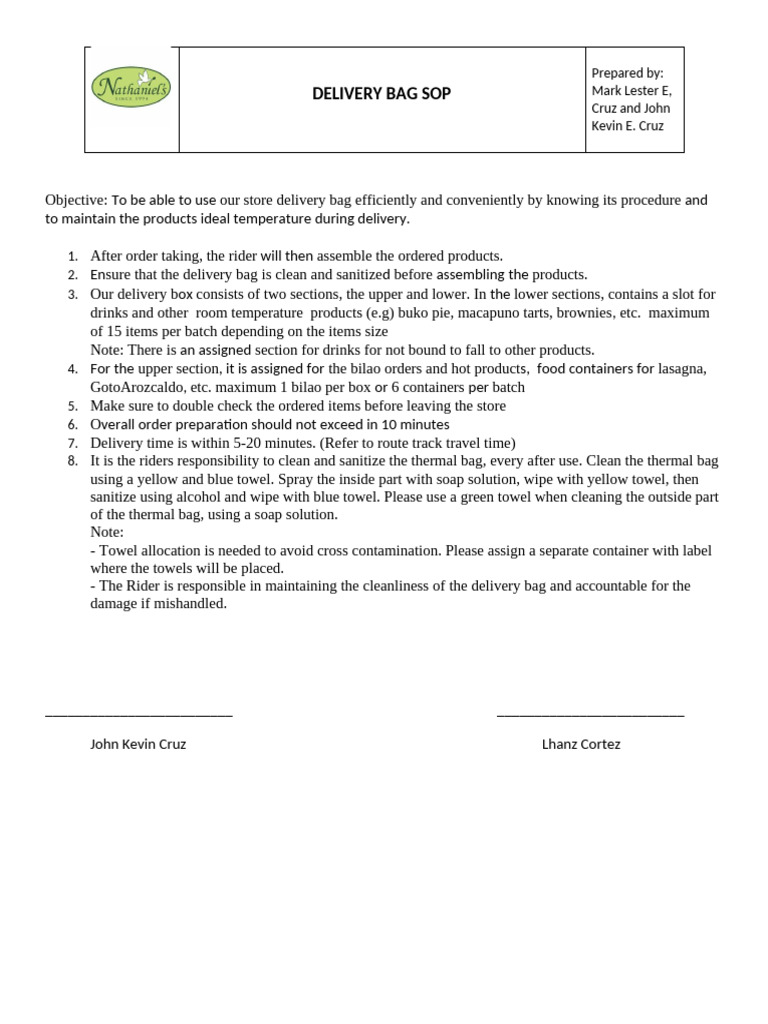Delivery Bag Sop Revised | PDF