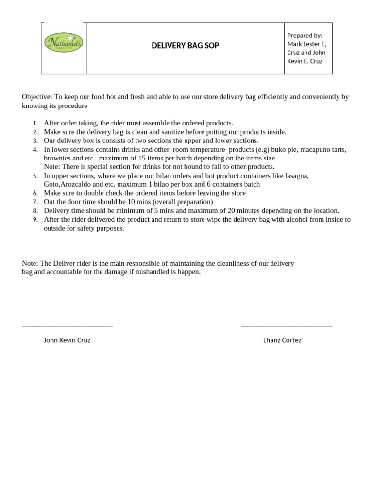 Delivery Bag Sop | PDF