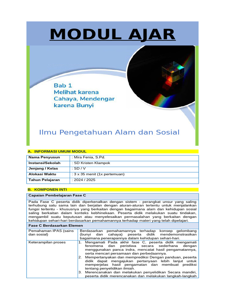 MODUL AJAR IPAS Kelas 5 Materi Bunyi | PDF | Karier & Perkembangan | Kajian Bahasa Asing