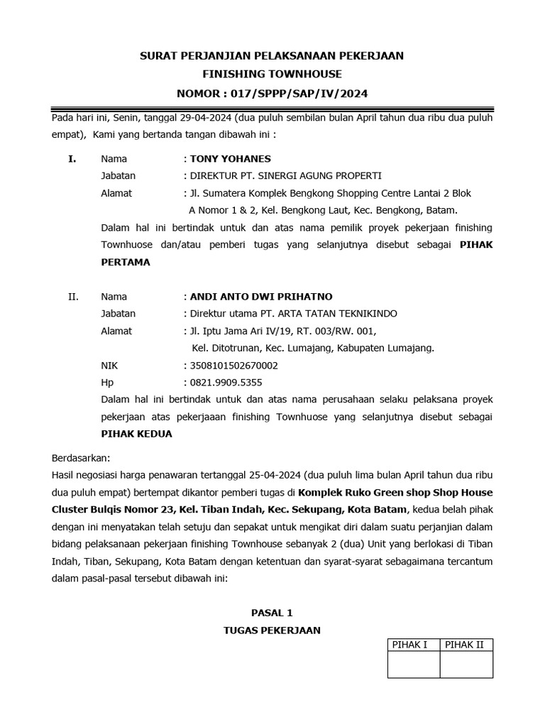 Surat Perjanjian Kerja Dengan Kontraktor Pak Andi Pt. Att Unit 51 Dan 56 | PDF