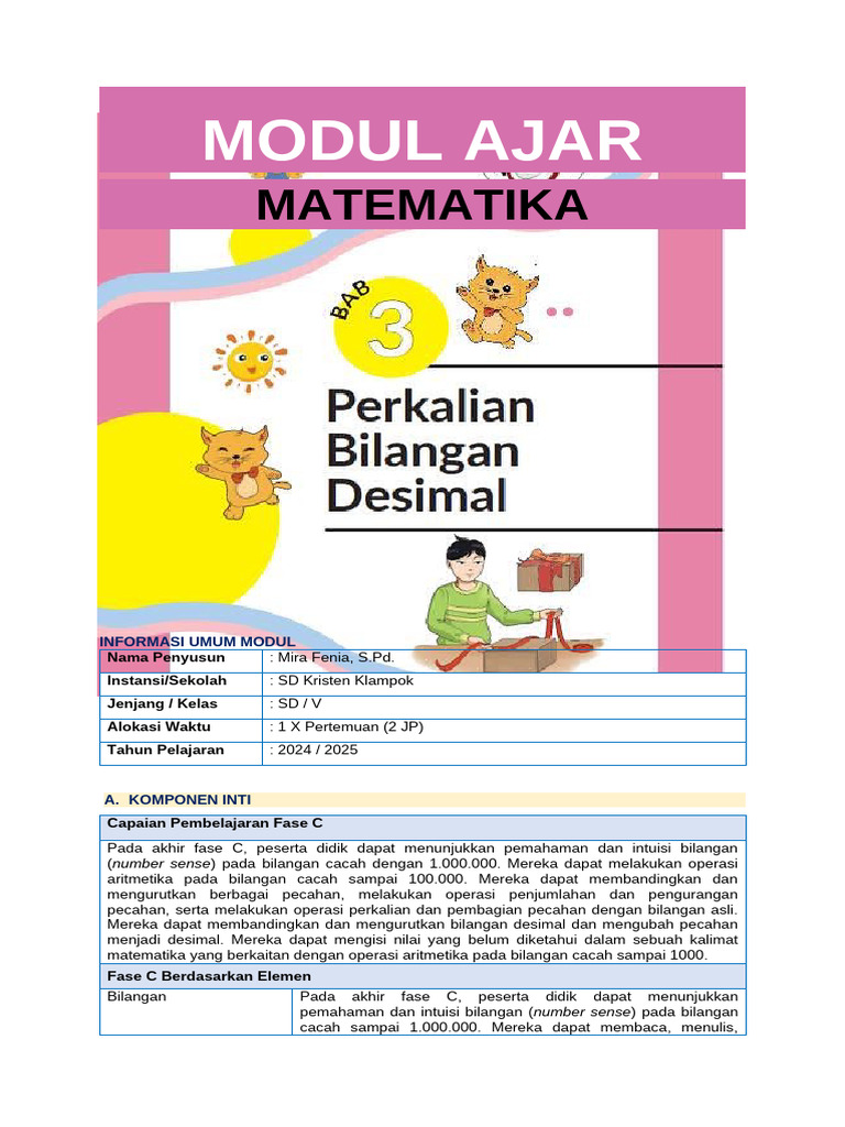 MODUL AJAR MTK Materi Perkalian Desimal | PDF