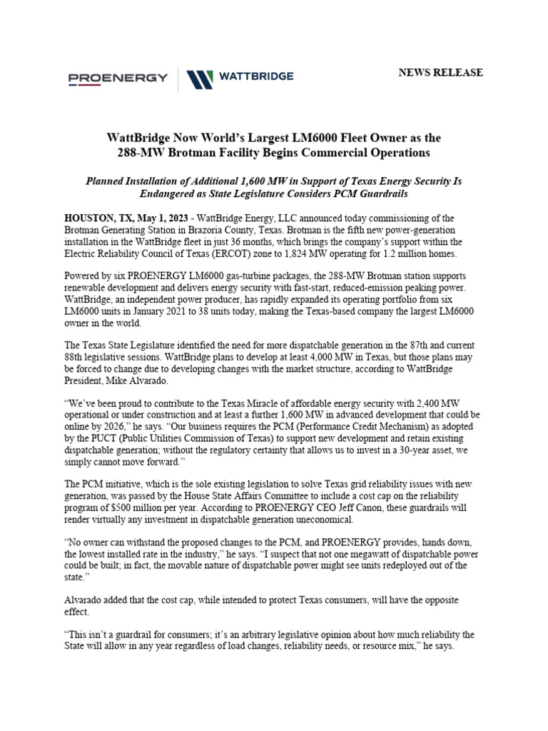 WattBridge Brotman-Commission PCM Final | PDF | Texas | Energy Economics