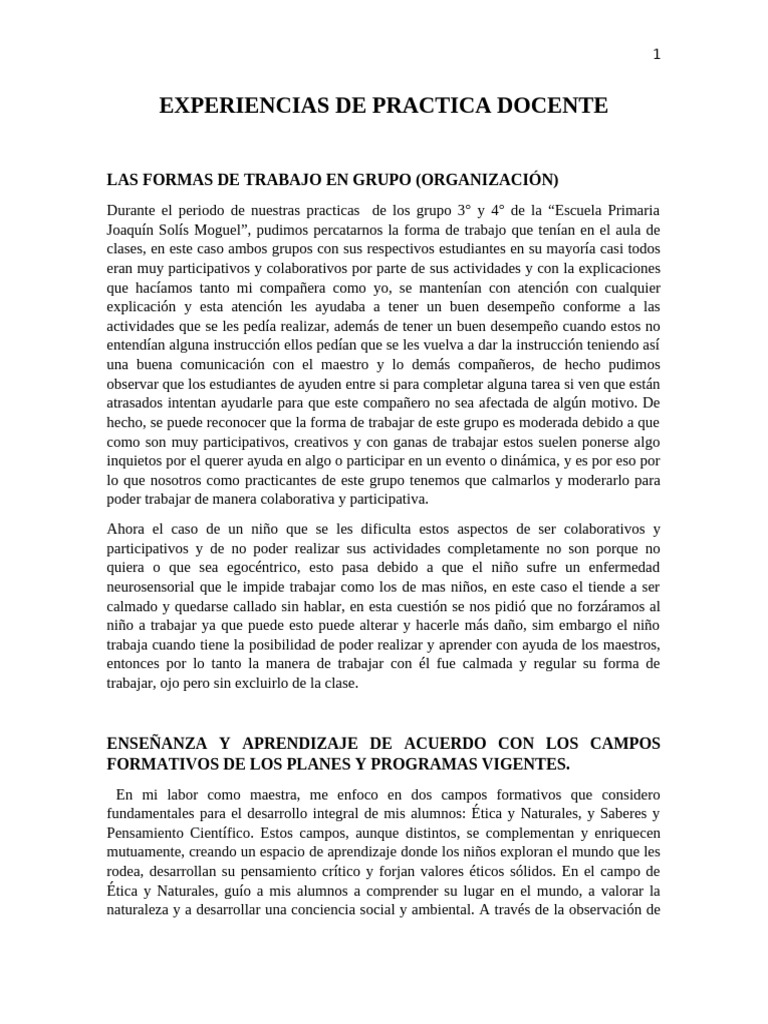 Experiencias De Practica Docente Pdf Evaluación Enseñando