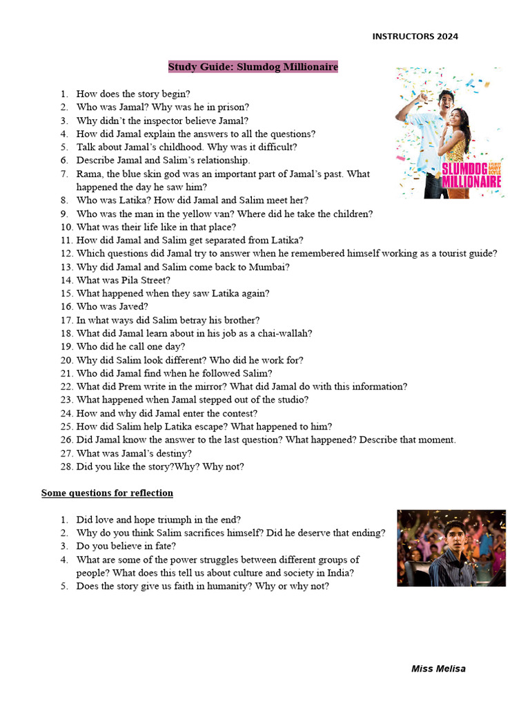 Slumdog Millionaire Study Guide Questions | PDF | Mystery, Thriller ...