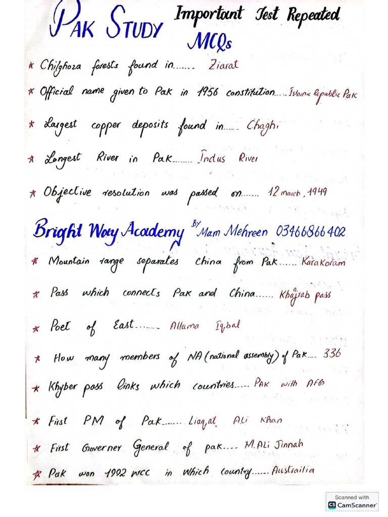 Pak Study Most Repeated Mcqs For S&GAD, Assistant Police, Junior ...