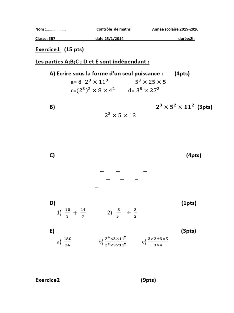 Contrôle de maths EB7 - Puissances et triangles | PDF