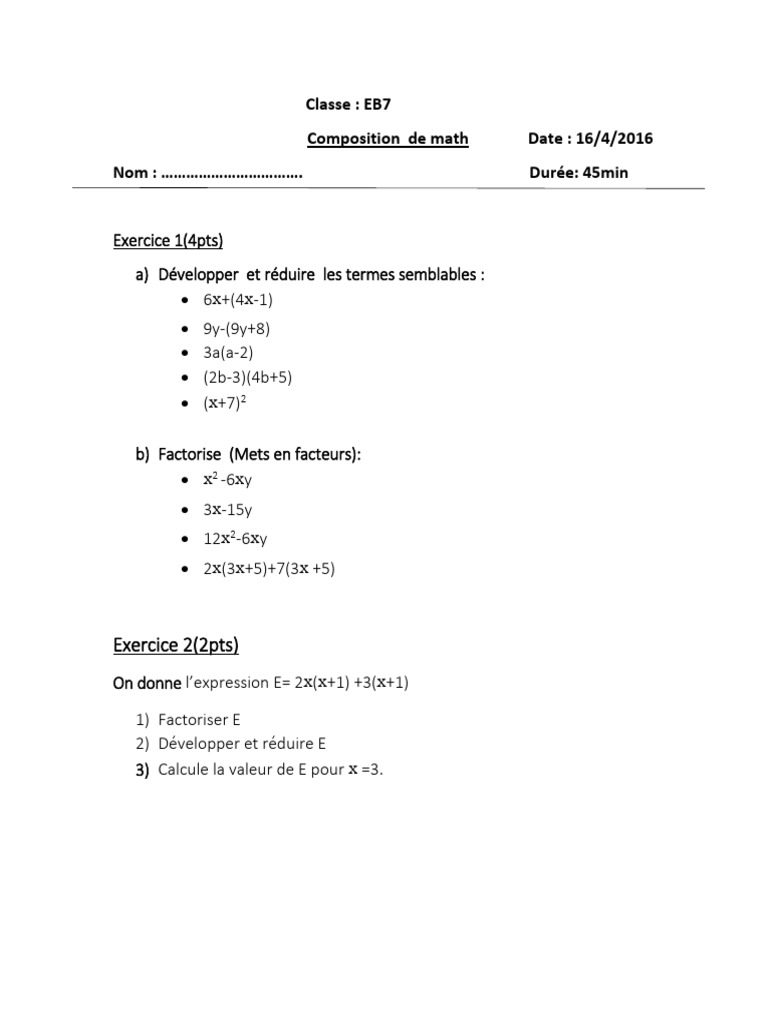 Exercices d'Algèbre pour EB7 | PDF