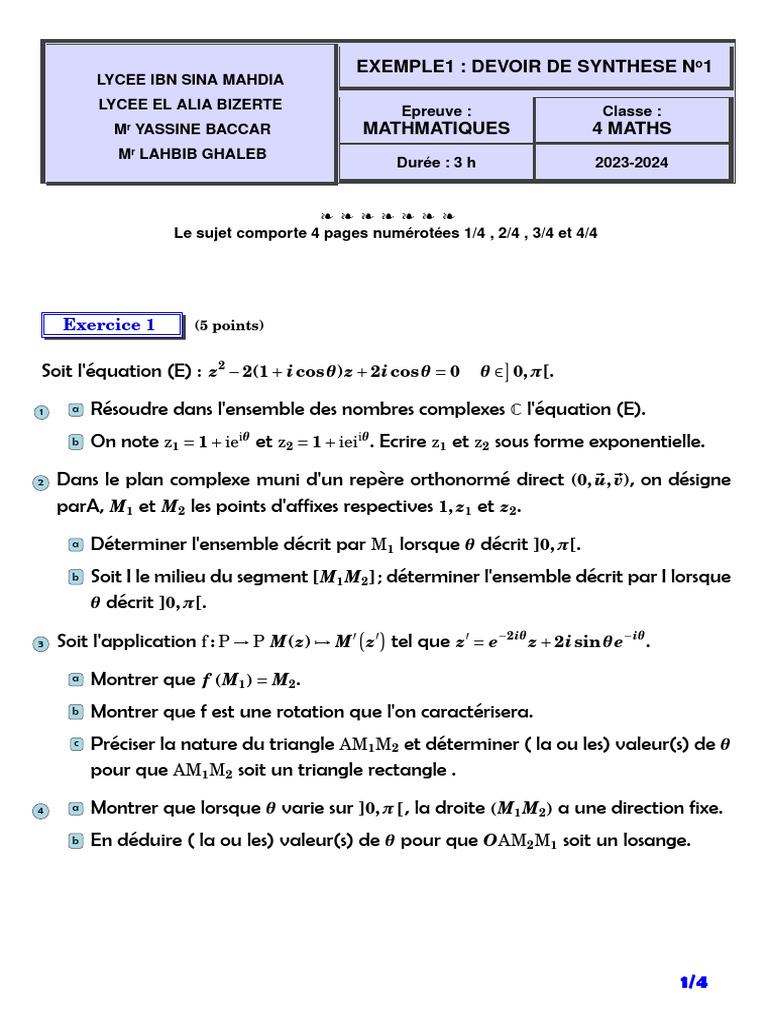 DS1 - 4 Maths - 2023 2024 MR Habib Ghaleb Et MR Yassine Baccar | PDF ...