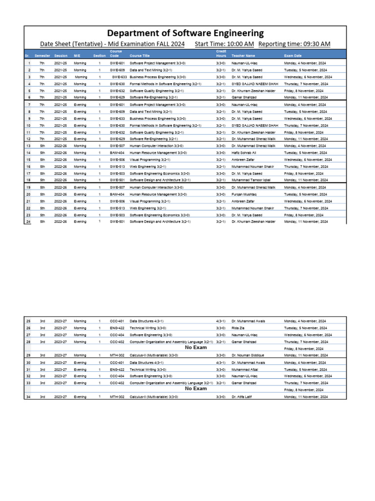 Fall 2024 - SE (3rd, 5th, 7th) Date Sheet Mid Exam | PDF | Computer ...