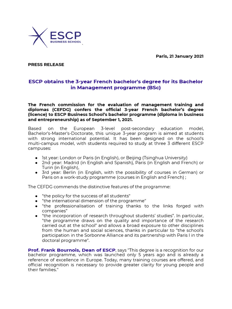 ESCP BSC Obtains French Bachelor's Degree | PDF | Academic Degree | Educational Stages