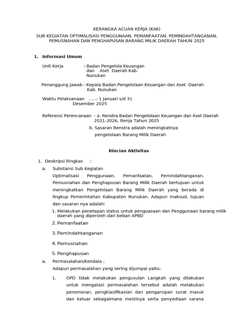 KAK Pembinaan Pengelolaan BMD - ORIGINAL | PDF | Pengelolaan Keuangan & Uang