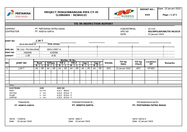 4.tie In... Welding Tie-In KP 01 | PDF | Mechanical Engineering | Welding