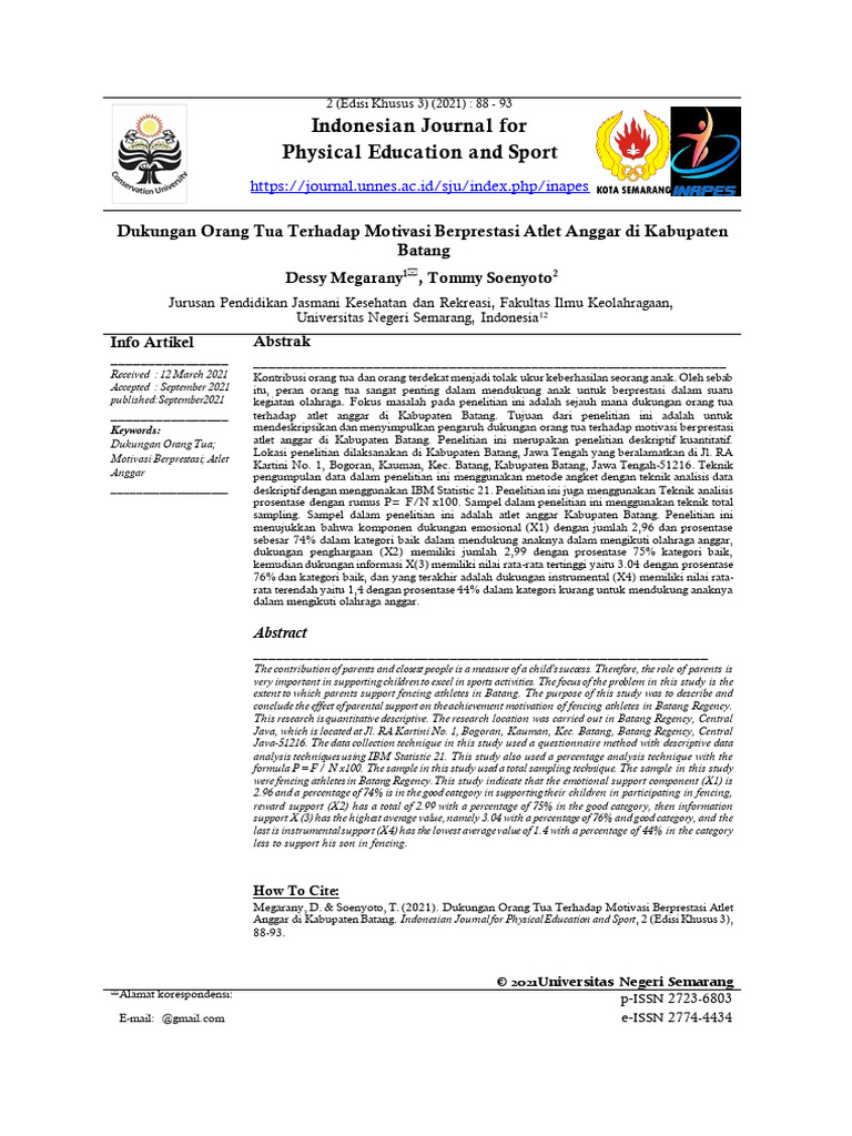 Dukungan Rang Tua Terahdap Motivasi Berprestasi Atlet Anggar Di Kabupaten Batang - 2 | PDF