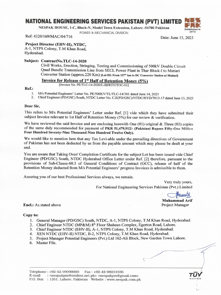 Letter No. 716-Invoice For Release of 1st Half of Retention Money (5% ...
