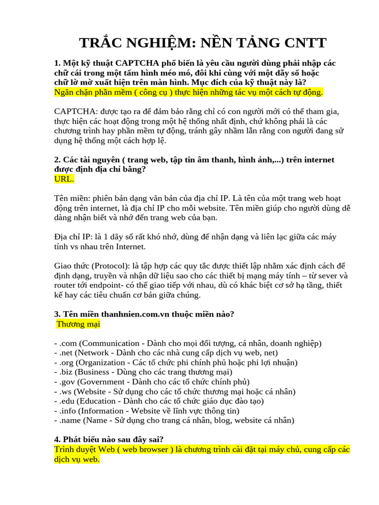 TRẮC NGHIỆM NỀN TẢNG CNTT | PDF