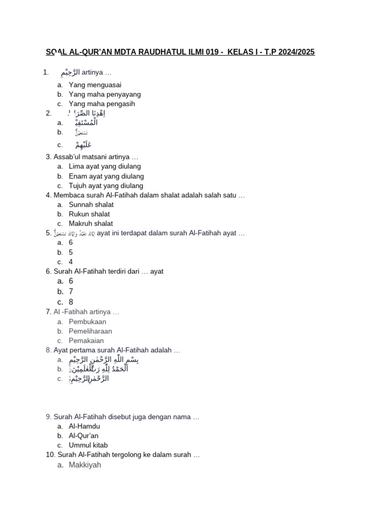 Soal Al-Qur'an Mdta Raudhatul Ilmi 019 - Kelas I - T | PDF