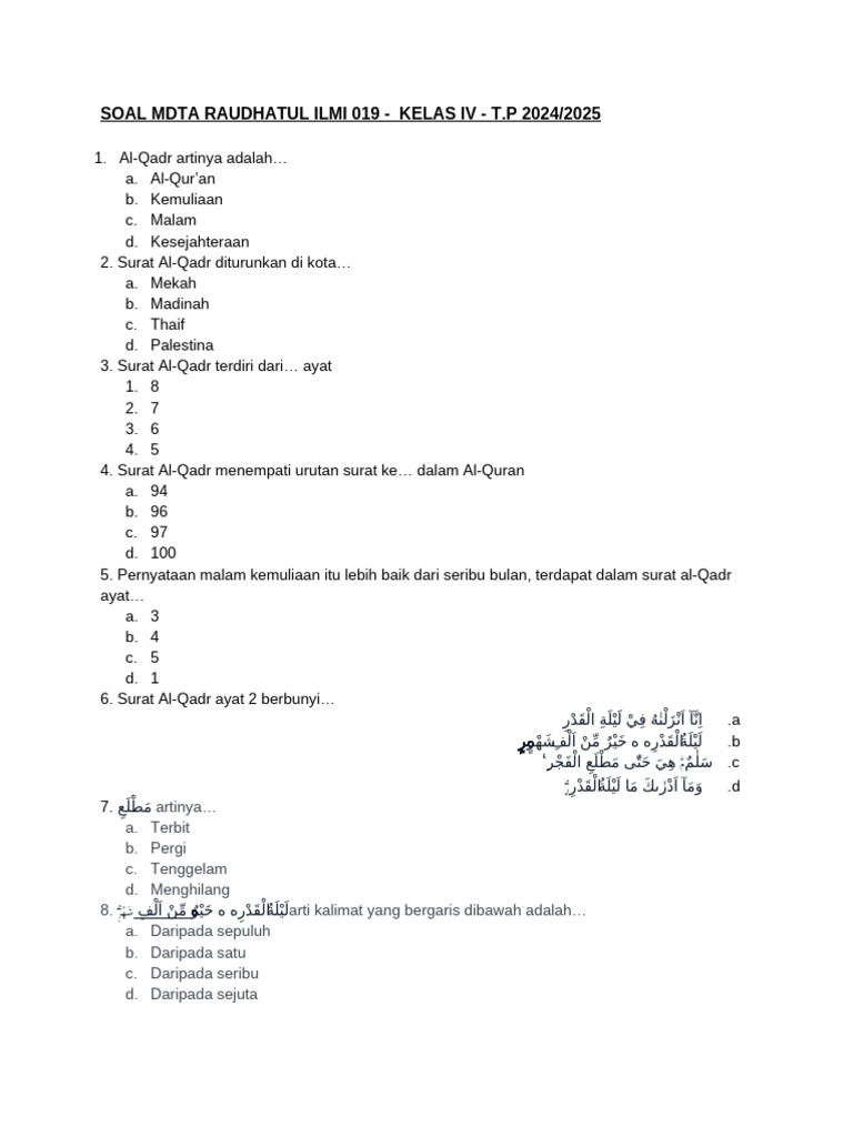 Soal Mdta Raudhatul Ilmi 019 - Kelas Iv - T | PDF