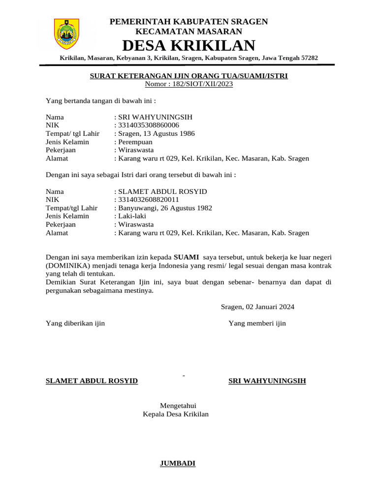 Surat Izin Slamet Abdul | PDF