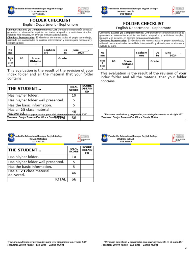 Sophomore - Folder Checklist | PDF | Aprendizaje | Modificación de ...