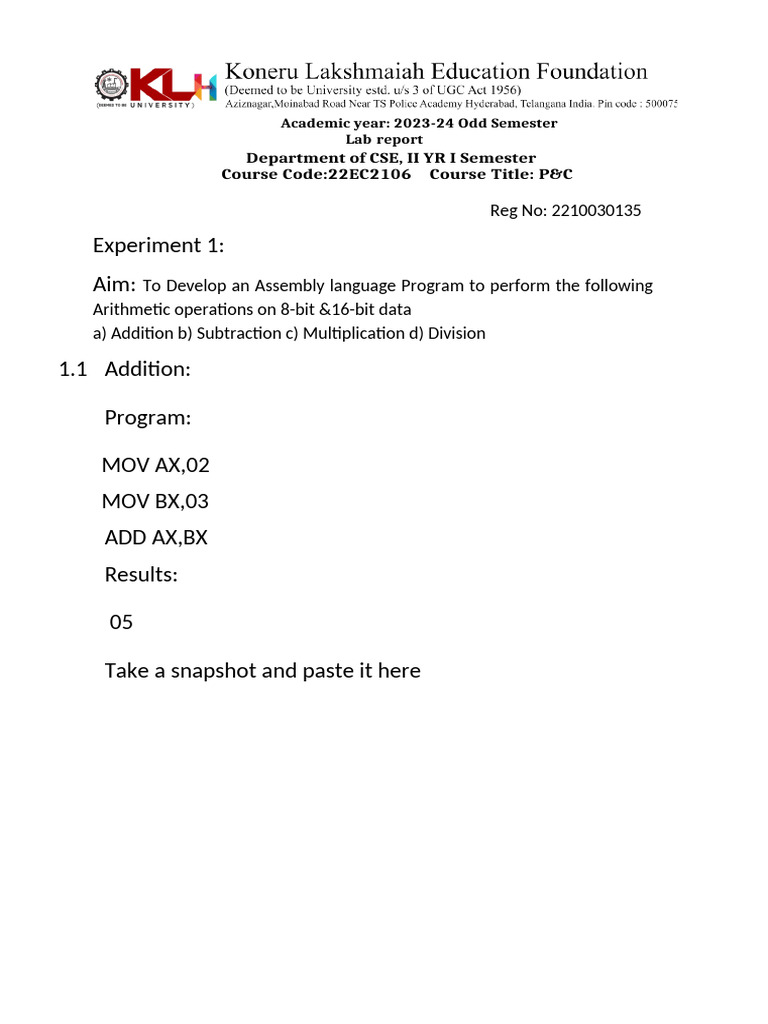 Assembly Language Arithmetic Operations | PDF