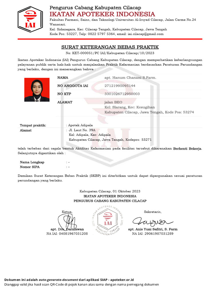 Surat Keterangan Bebas Praktik | PDF