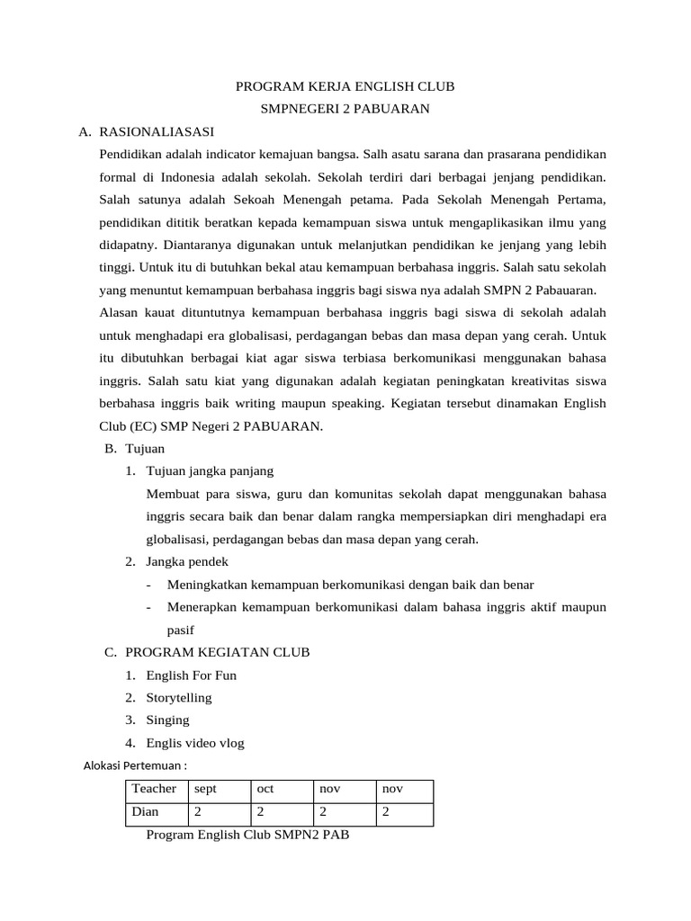 Program Kerja English Club | PDF