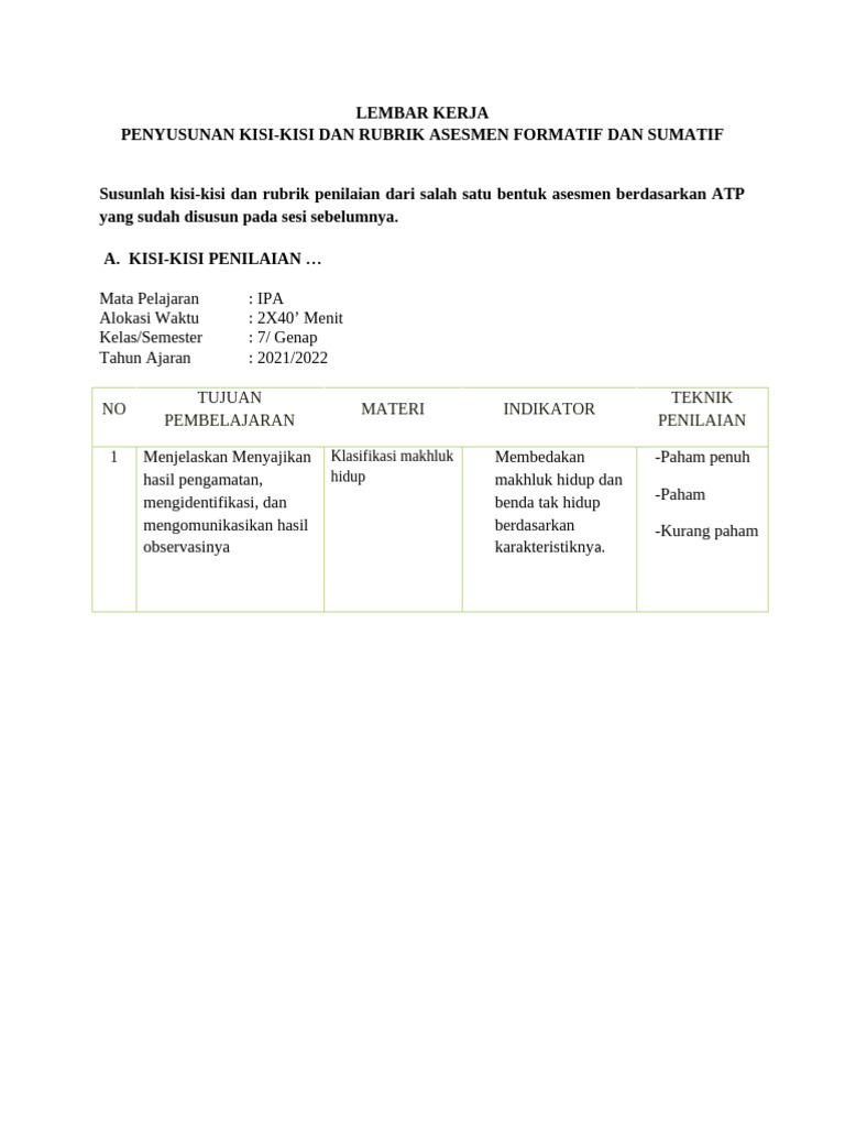 Lembar Kerja Asesmen Formatif - Sumatif | PDF