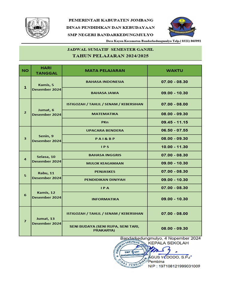 Jadwal Sumatif Akhir Semester TH 2024 - 2025 | PDF