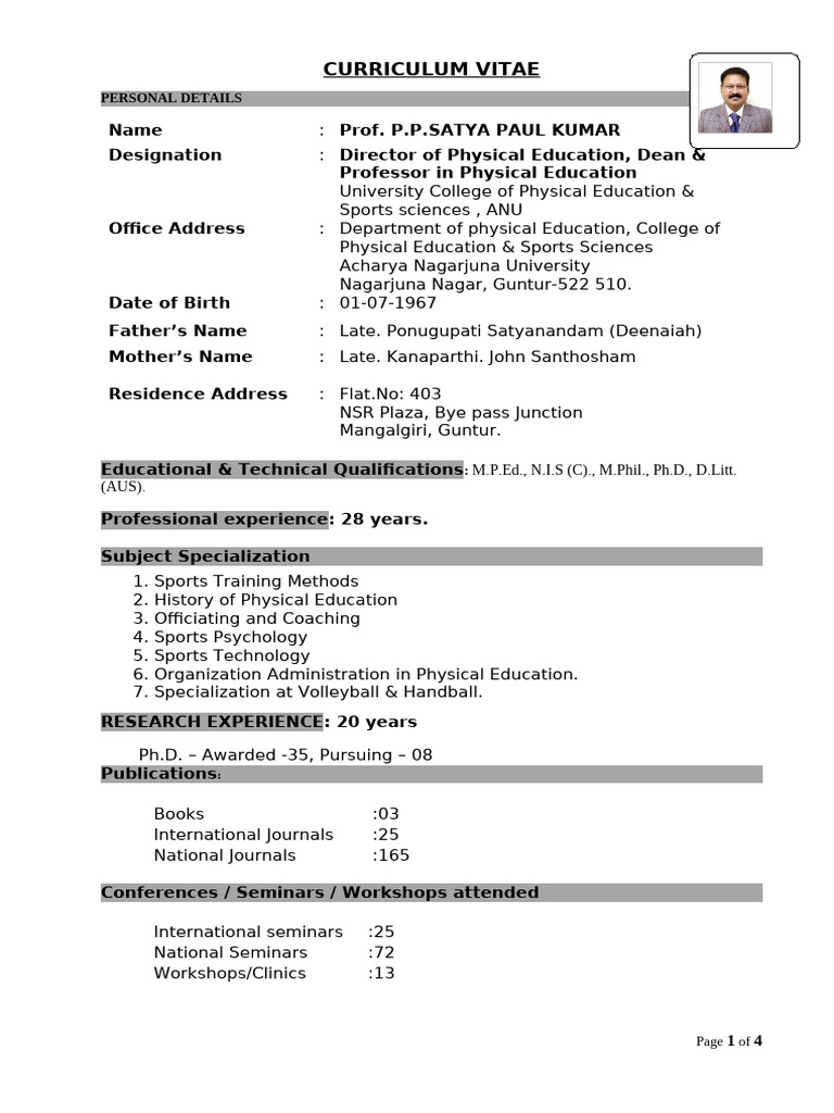 Prof. P.P. Satya Paul Kumar CV | PDF | Sports & Recreation