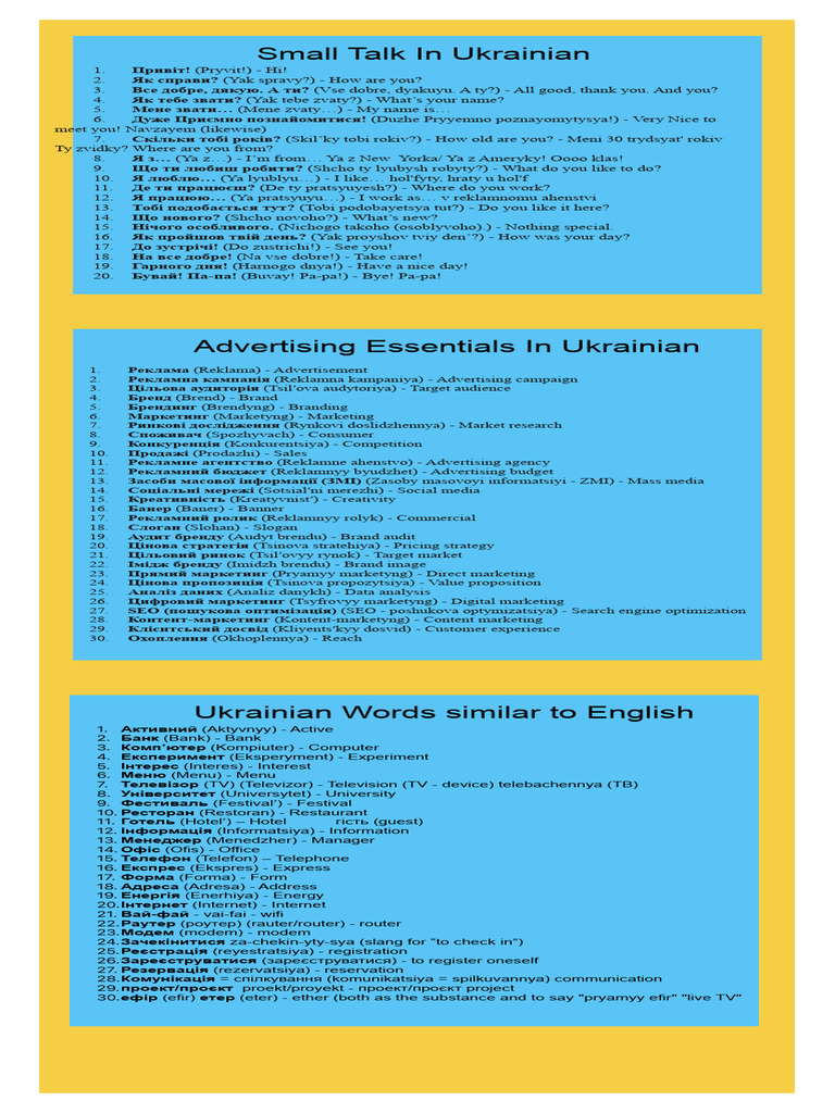 Updated. Small Talk + Advertising Vocab + Words Similar To Eng | PDF