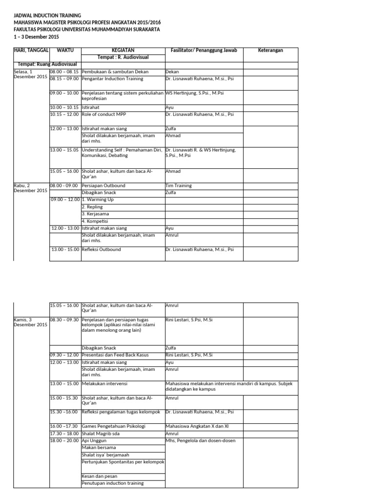 Jadwal Induction Training Mahasiswa Ang - XIII | PDF | Pengembangan Diri | Sains & Matematika