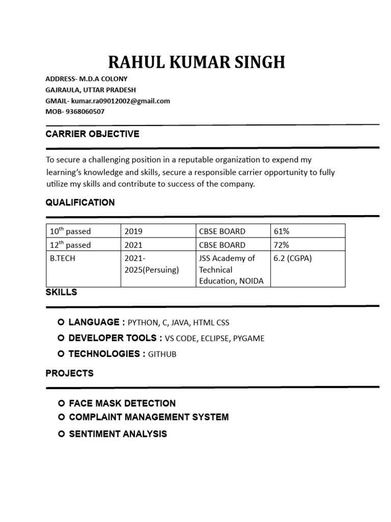 Rahul Kumar Singh: Carrier Objective | PDF