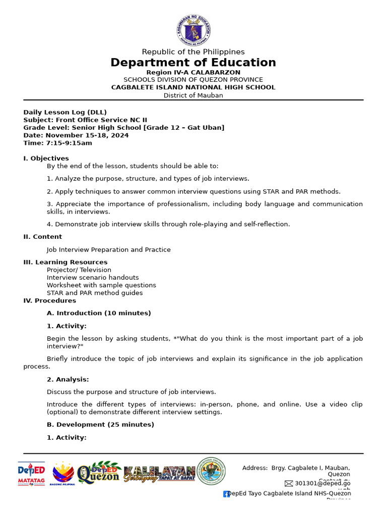 Daily Lesson Log FOS | PDF | Job Interview | Behavior Modification