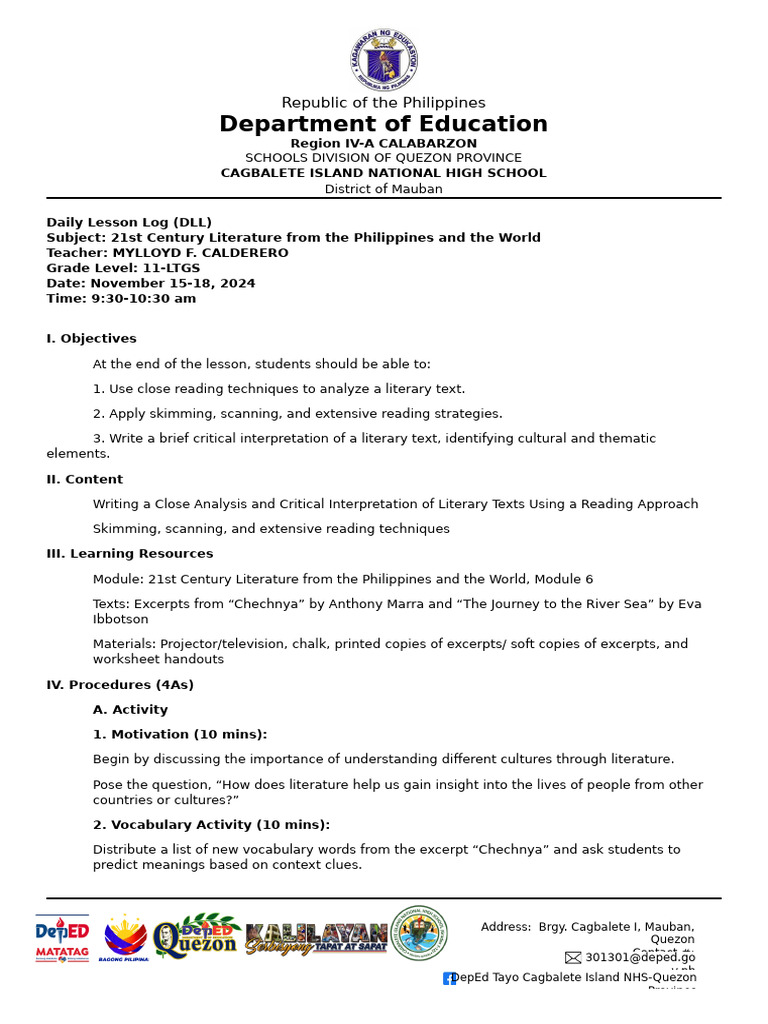 Daily Lesson Log: 21st Century Literature | PDF | Reading Comprehension ...